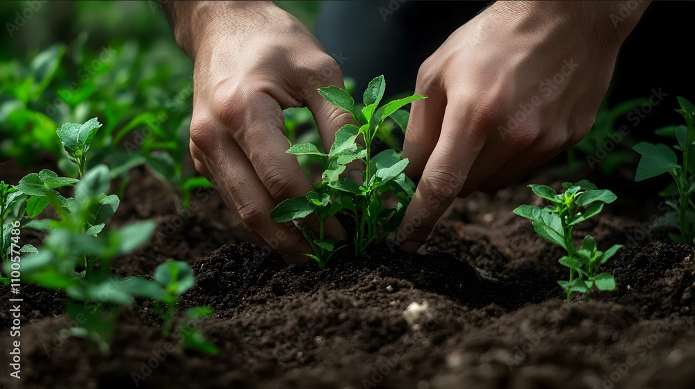 Hyperrealistic photo showing a closeup of hands planting hedges in ...