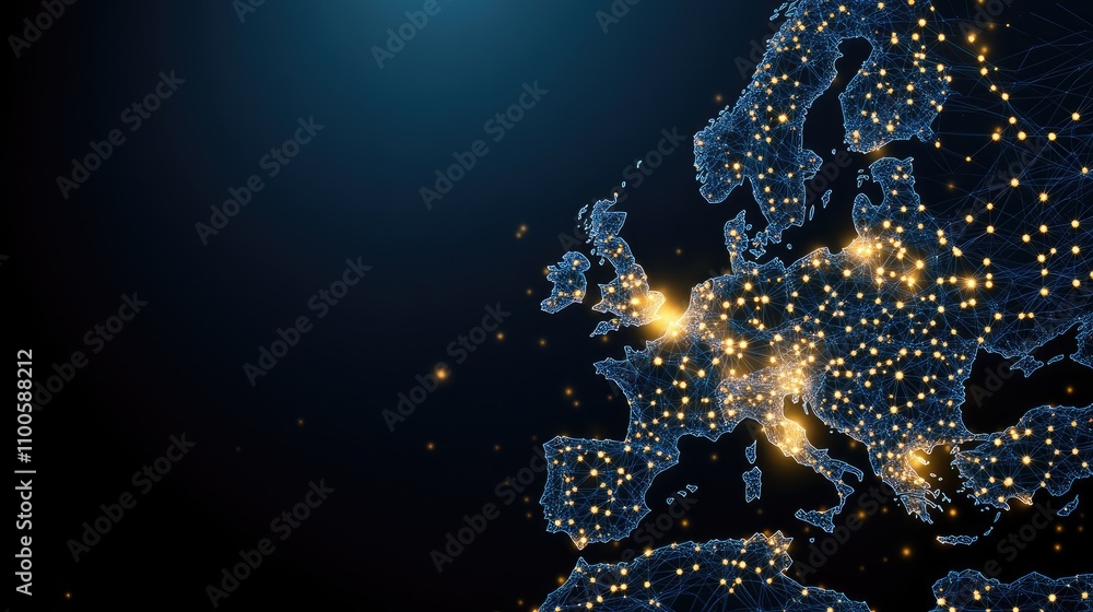 Glowing connections illuminate a digital map of Europe, representing ...