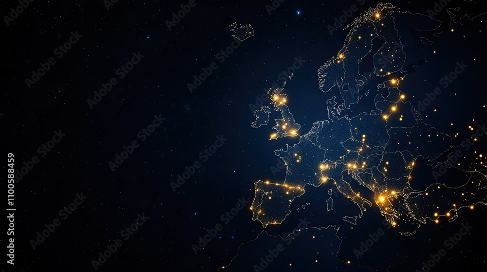 Glowing connections illuminate a digital map of Europe, representing ...