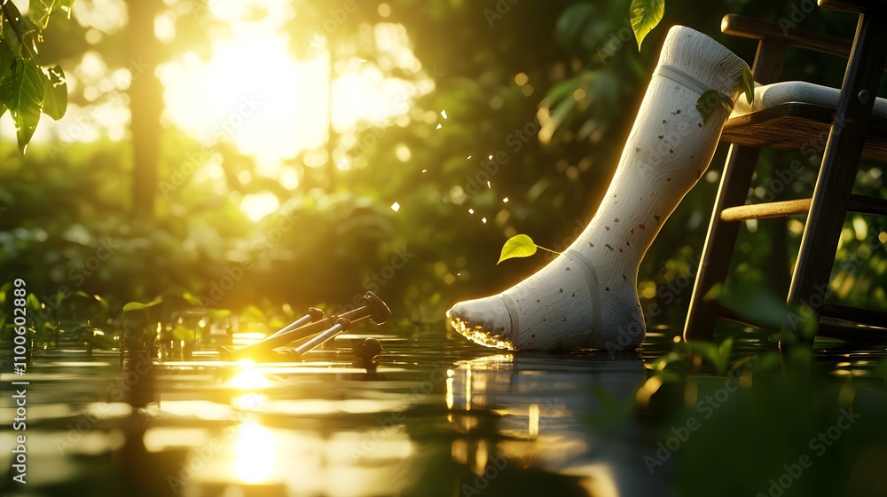 Outdoor scene of a broken leg in a plaster cast, crutches by the side ...