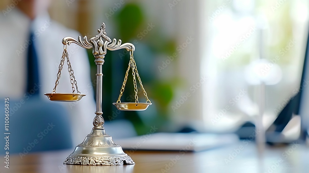 Law restriction statutes. A detailed scale of justice sits on a table ...