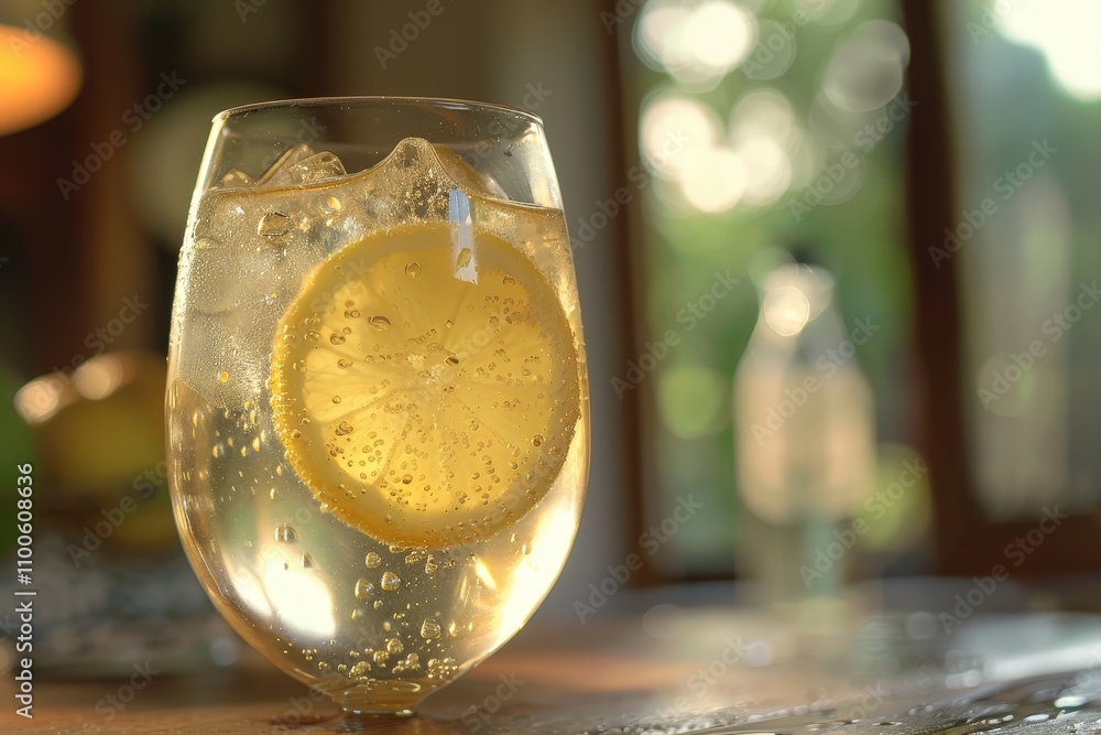 Refreshing lemon slice floating in sparkling water with ice, evoking a cool drink in a glass ...