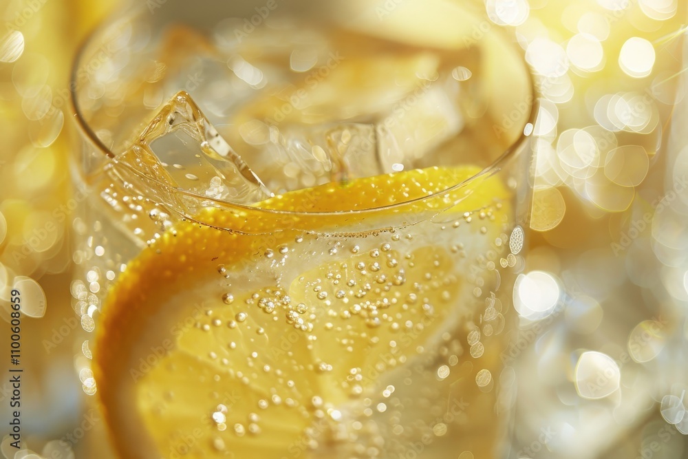 Refreshing lemon slice floating in sparkling water with ice, evoking a cool drink in a glass ...