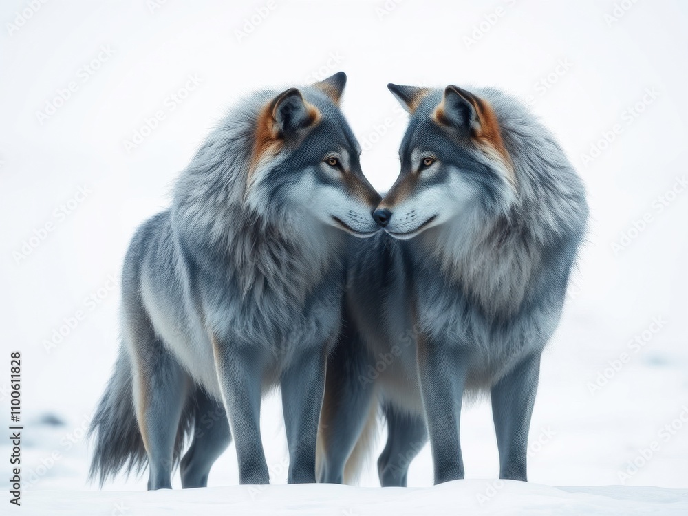 Two gray wolves standing side by side on a snowy white background with ...