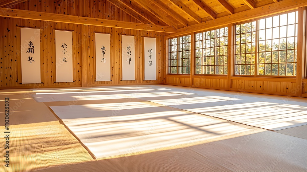 Karate dojo with wooden walls, hanging scrolls of kanji characters, and ...