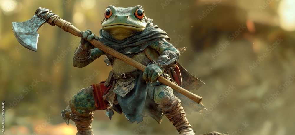 Frog warrior character wielding axe and staff, detailed armor, forest ...