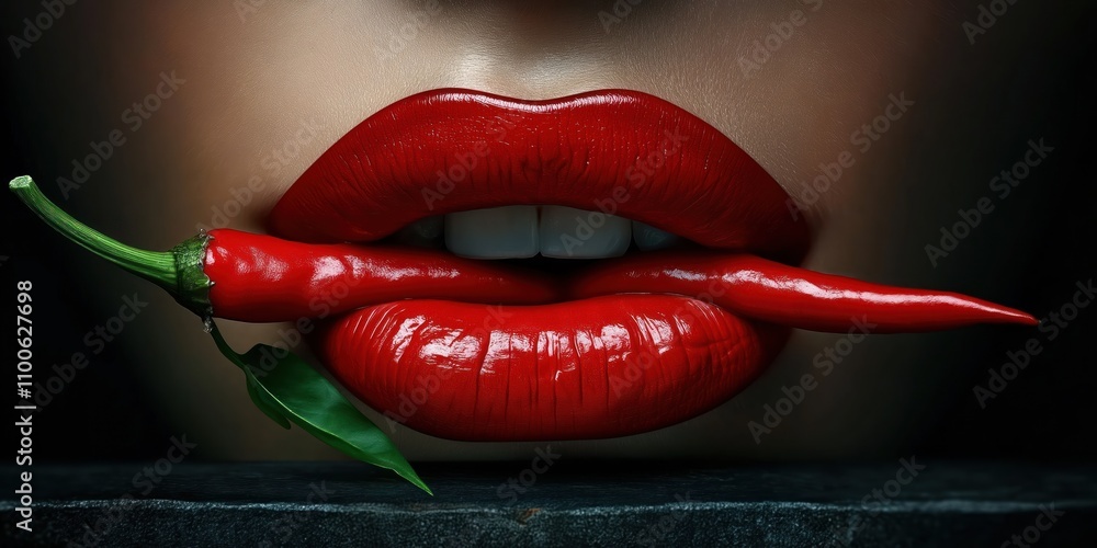 Closeup shot of woman with red lips holding red chili pepper. Sensual ...