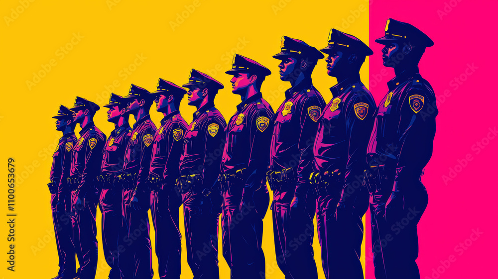 Vector illustration of a police lineup scene featuring silhouettes of ...