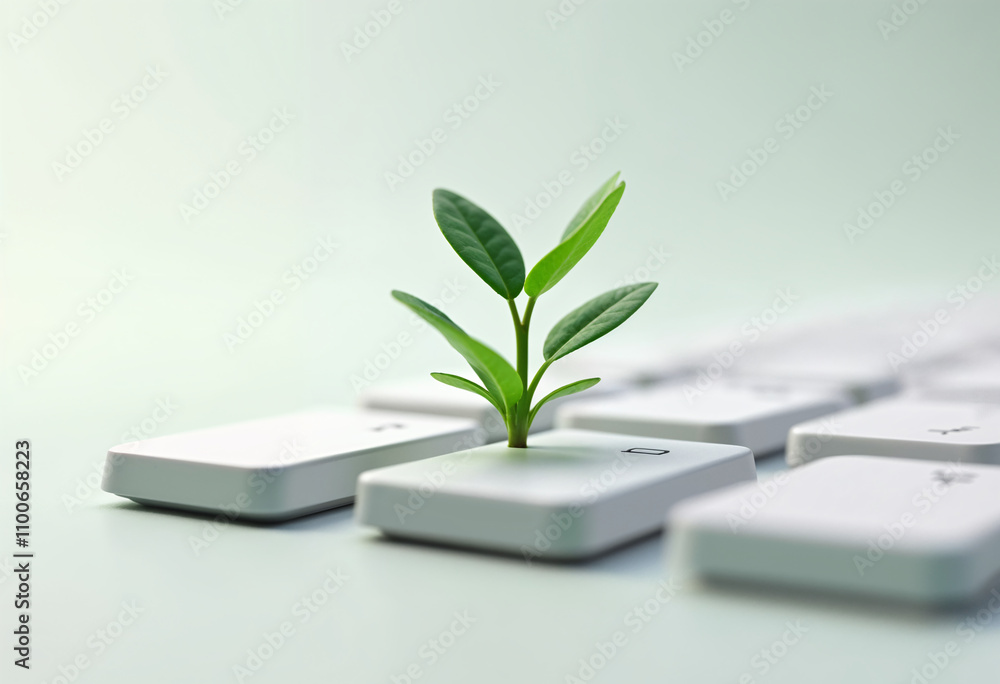 Young plant sprouts from a computer keyboard key signifying growth and ...