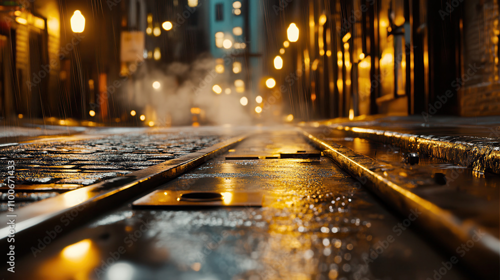cinematic shot of city alleyway at night, featuring rain soaked ...