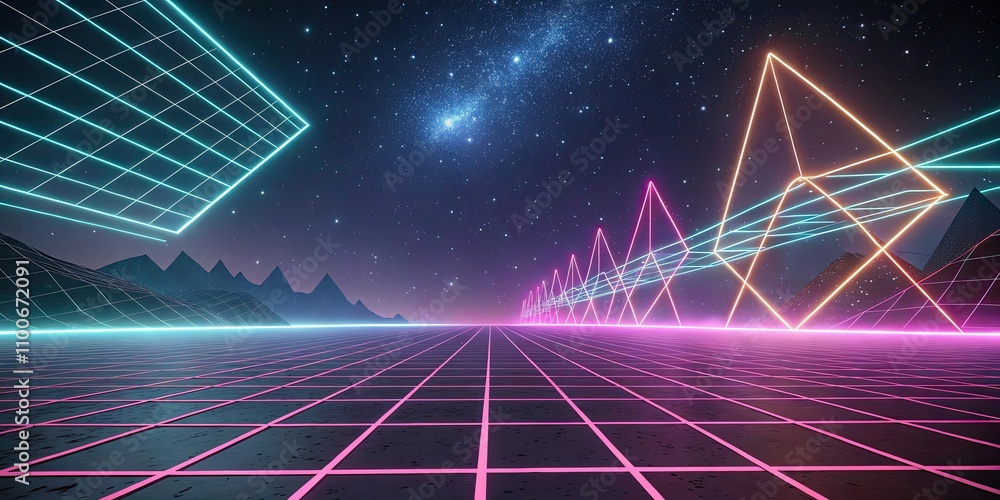 80s inspired retro futuristic background with neon lights and geometric ...