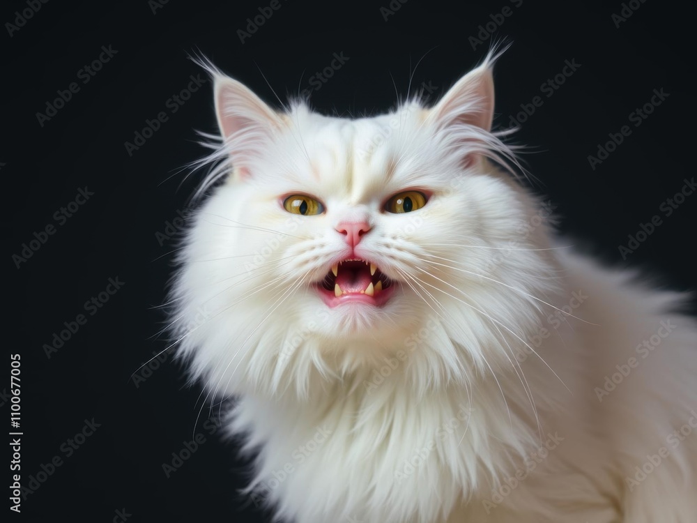 Funny portrait of a cute white fluffy Persian cat with a moody look on ...