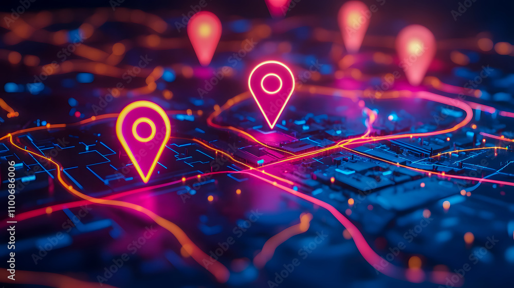 Colorful digital map with glowing location pins, navigation marks ...