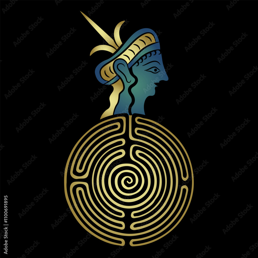 Ariadne. Head of a Mycenaean woman on a round spiral maze or labyrinth ...