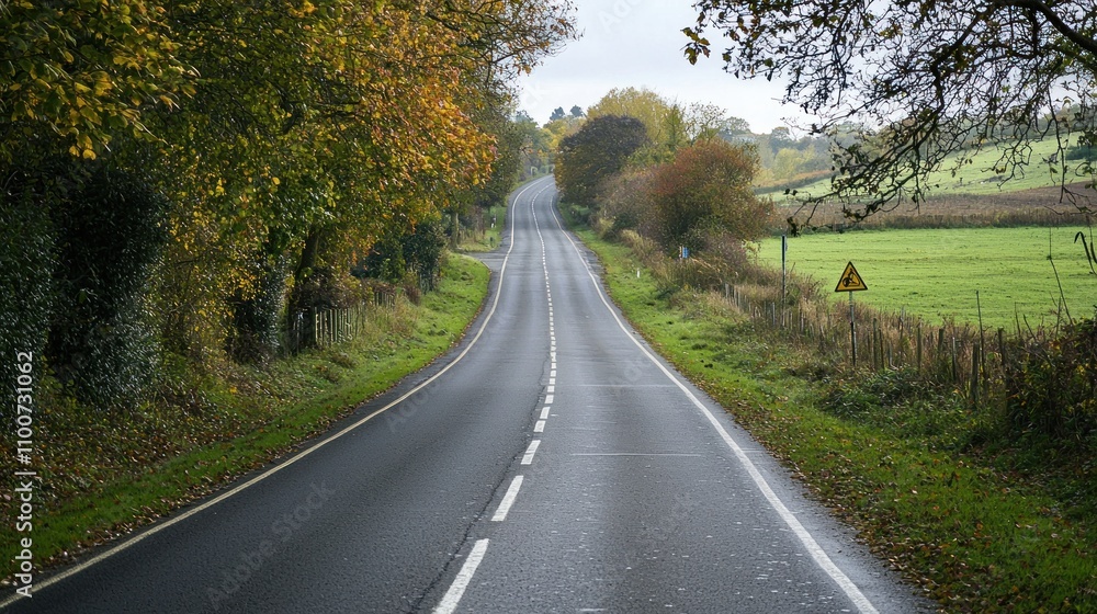 Typical UK road with familiar signage, road markings, and countryside ...
