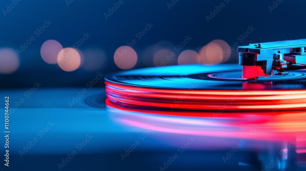 Vibrant record spinning on turntable with glowing lights in background ...