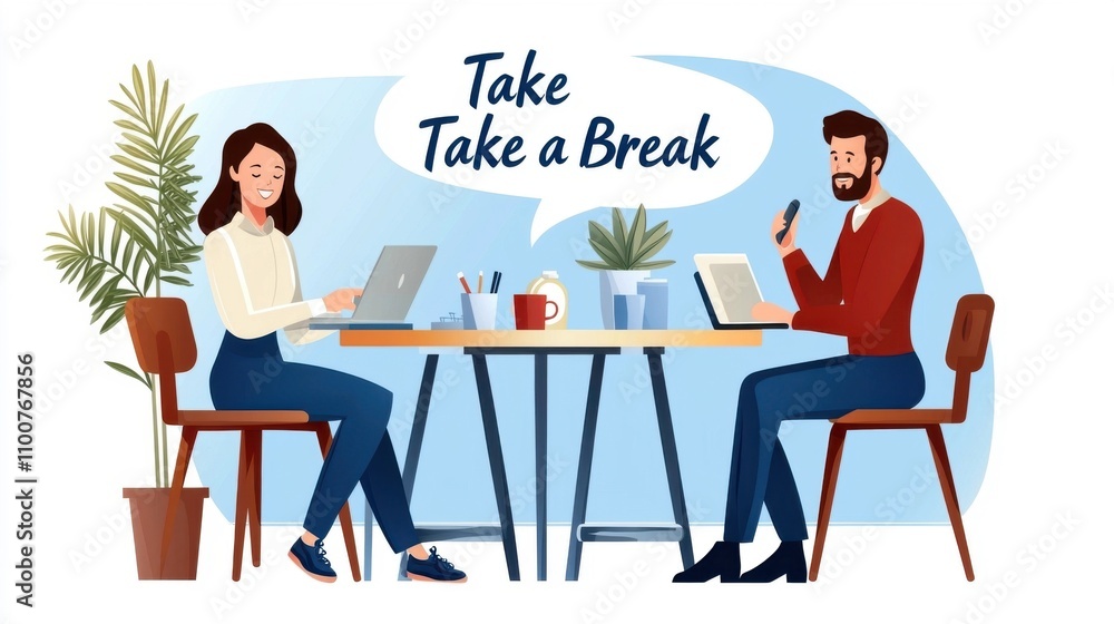 Two co workers taking a break together at a shared office desk relaxing ...