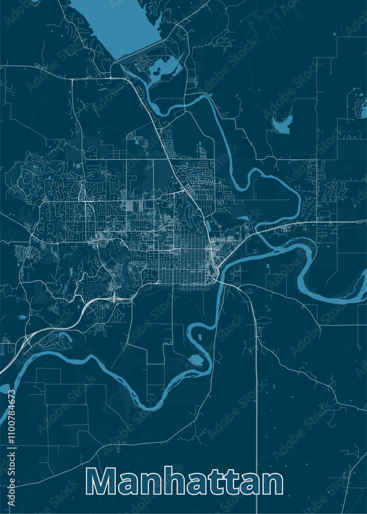 A detailed map of Manhattan, Kansas, rendered in a minimalist style ...