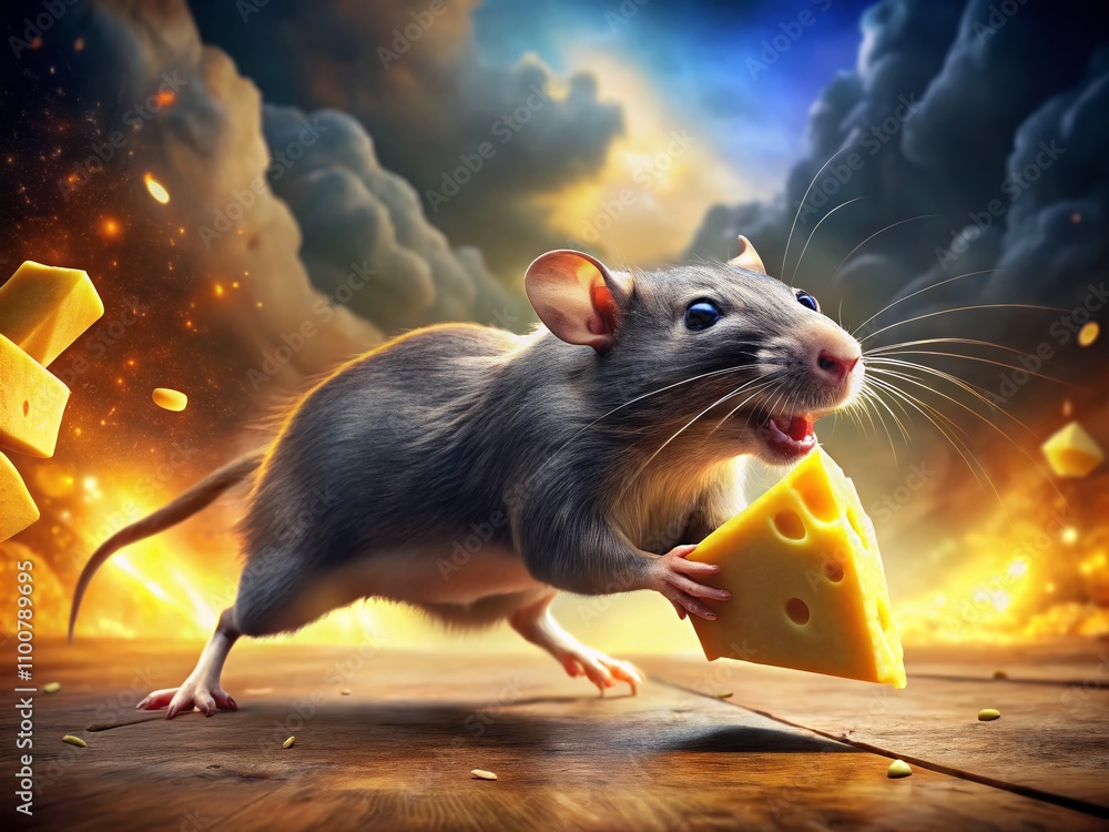 Surreal Illustration of a Big Fat Rat Grabbing a Giant Cheese While ...