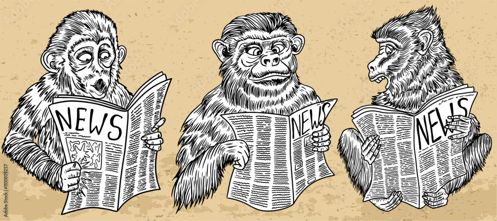 Design set with vector illustrations of cartoon funny monkeys surprised ...