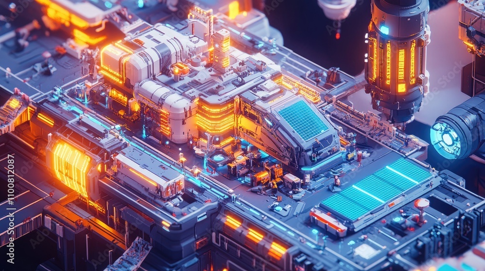 An isometric view of a high-tech space station orbiting Earth ...
