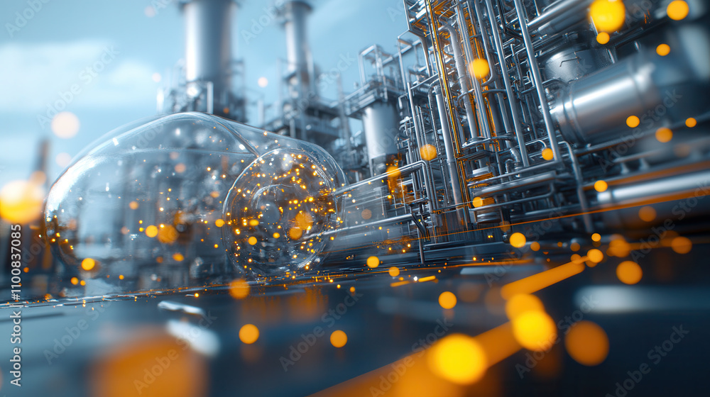 Cinematic image of chemical processing facility with intricate pipes ...