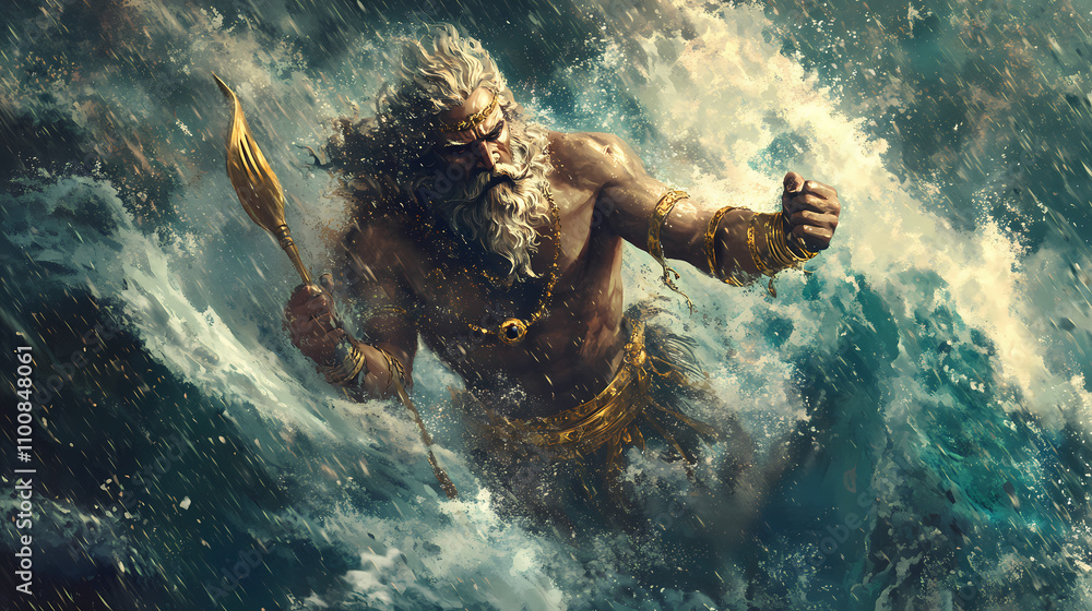 Ilustración de Stock Giant poseidon coming out of the stormy sea. greek ...