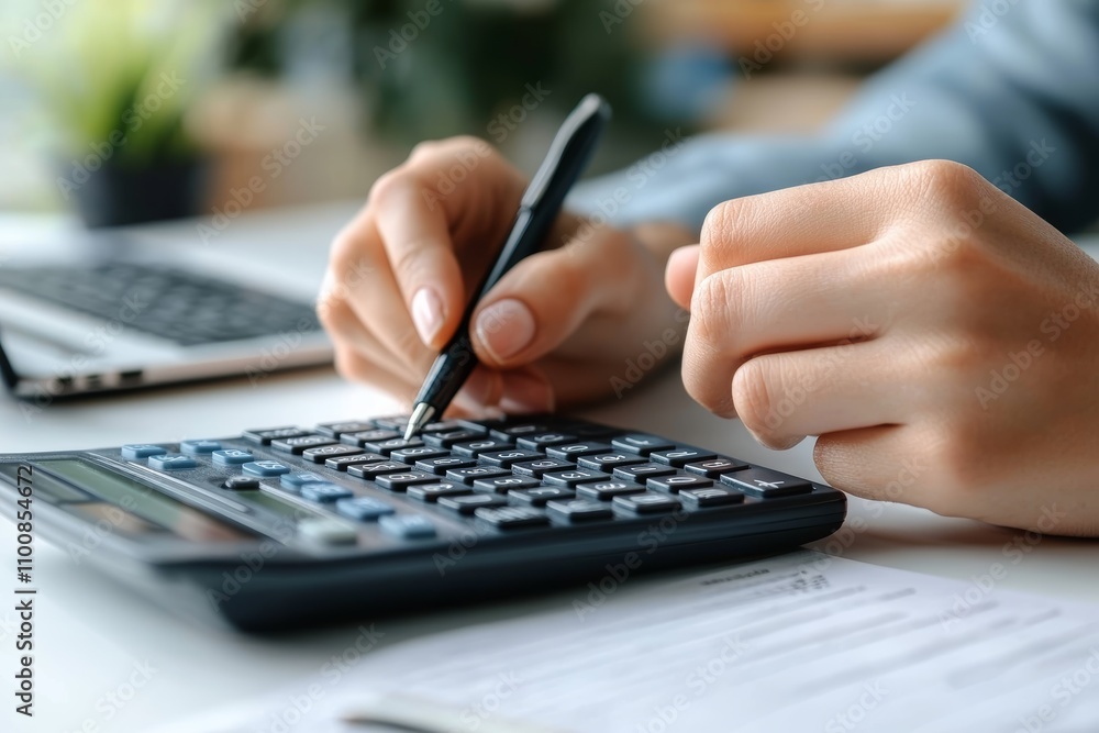 Calculator Use for Financial Analysis and Tax Calculation on White Desk ...