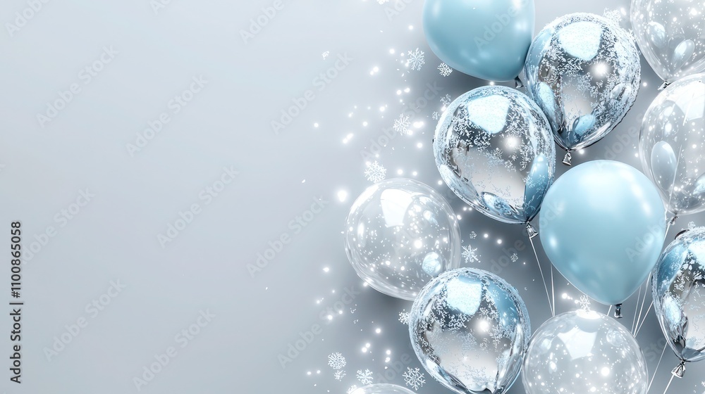 Silver and ice blue balloons on a pale gray background, with soft white ...