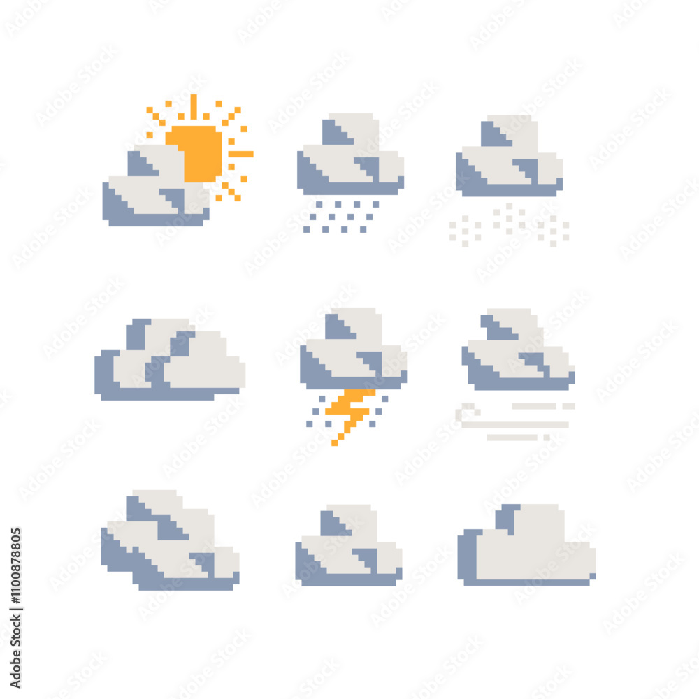 Weather symbols web icons pixel art set, humidity, snow, rain, clouds ...