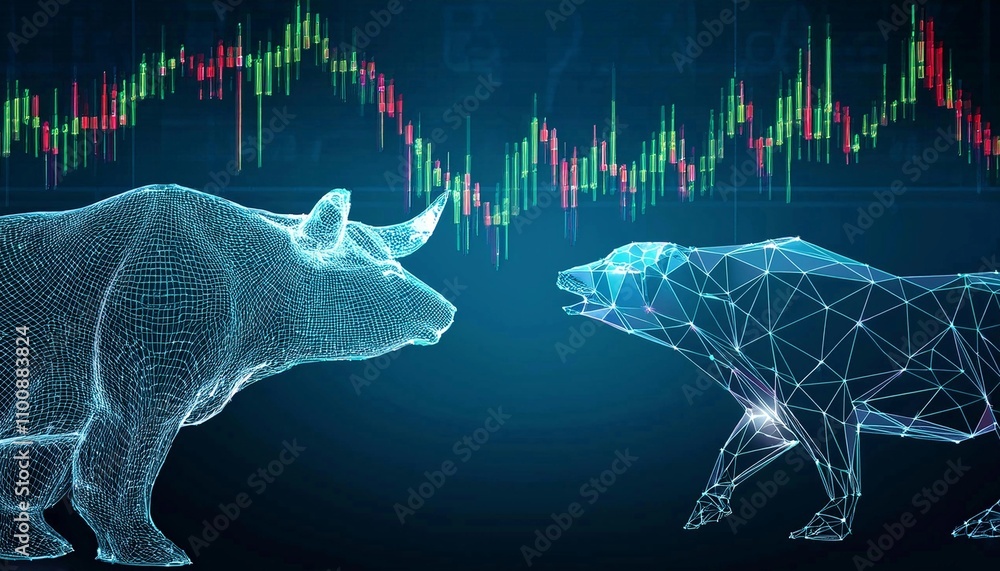 polygonal bull and bear shape writing by lines and dots over the Stock ...