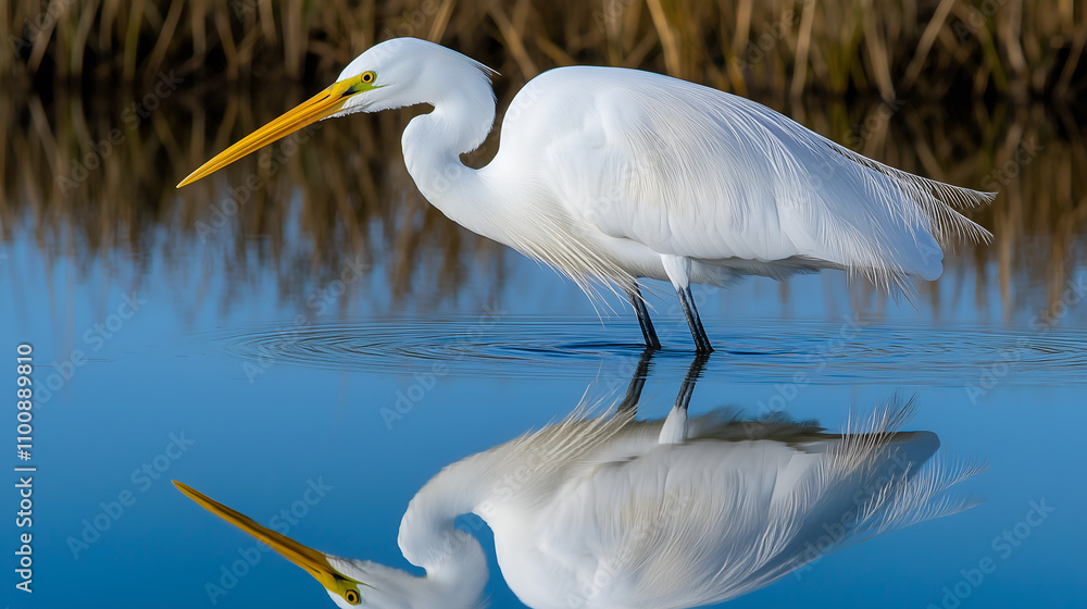 majestic white bird with long, slender legs and an elongated yellow ...
