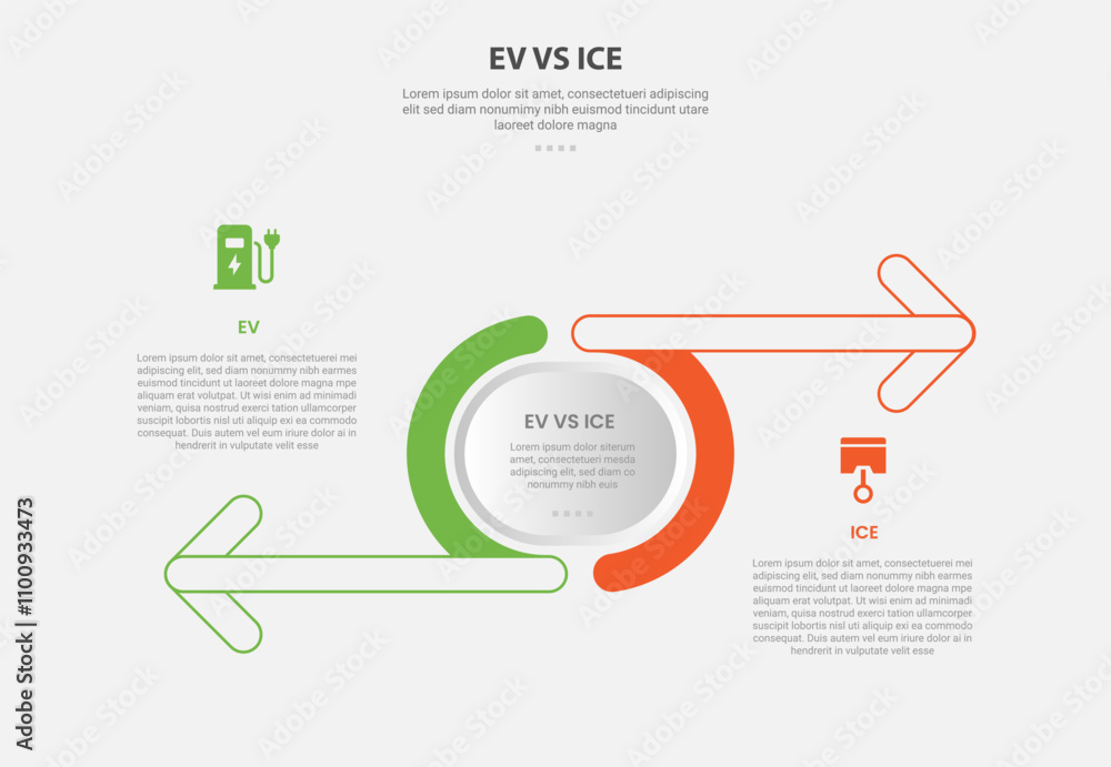 Стоковий вектор EV vs ICE technology infographic outline style with 2 ...