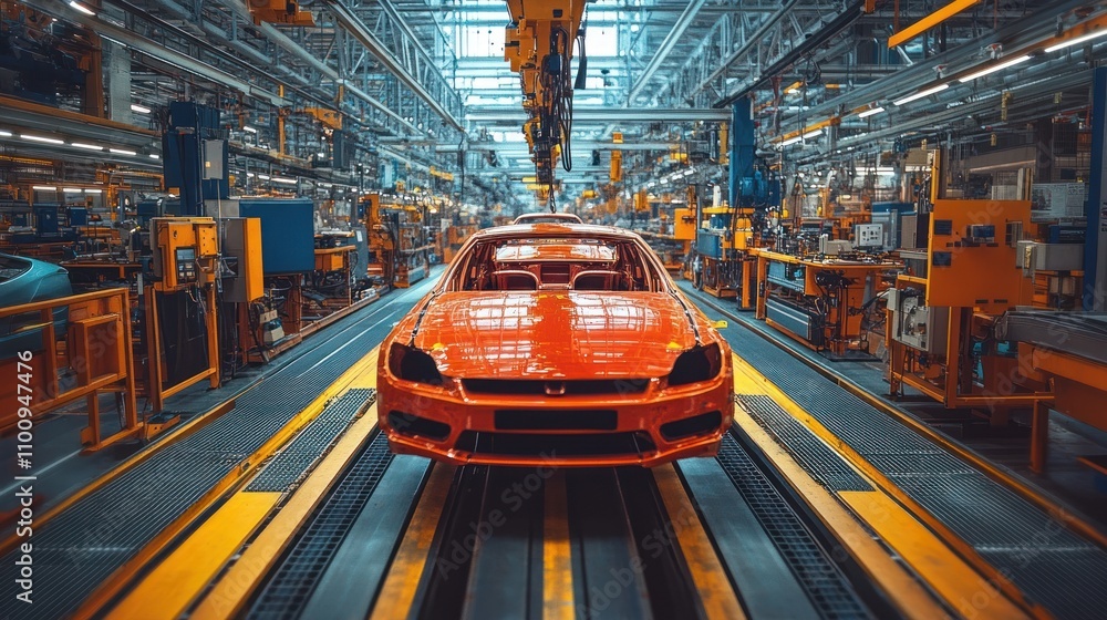 Conveyor system moving unfinished car bodies through stages of paint ...