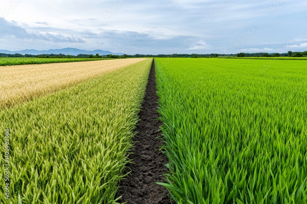 A farmland border divided by a neat row of hedges, with fields of ...