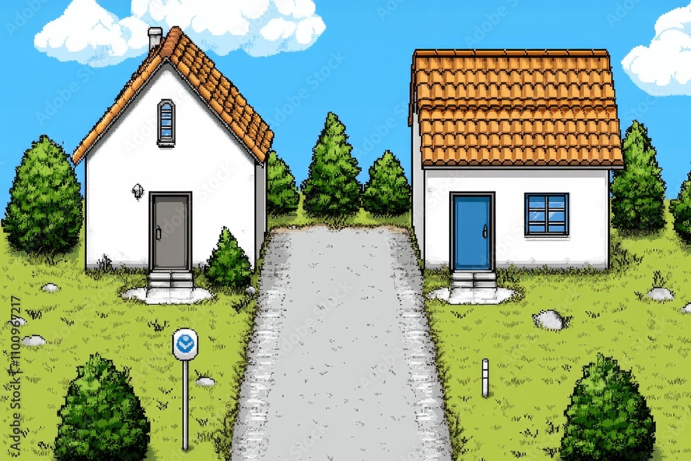 A pixel art representation of a border village, with small animated ...