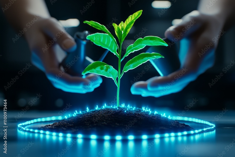 Futuristic visualization of a brain sprouting a plant, held by glowing ...