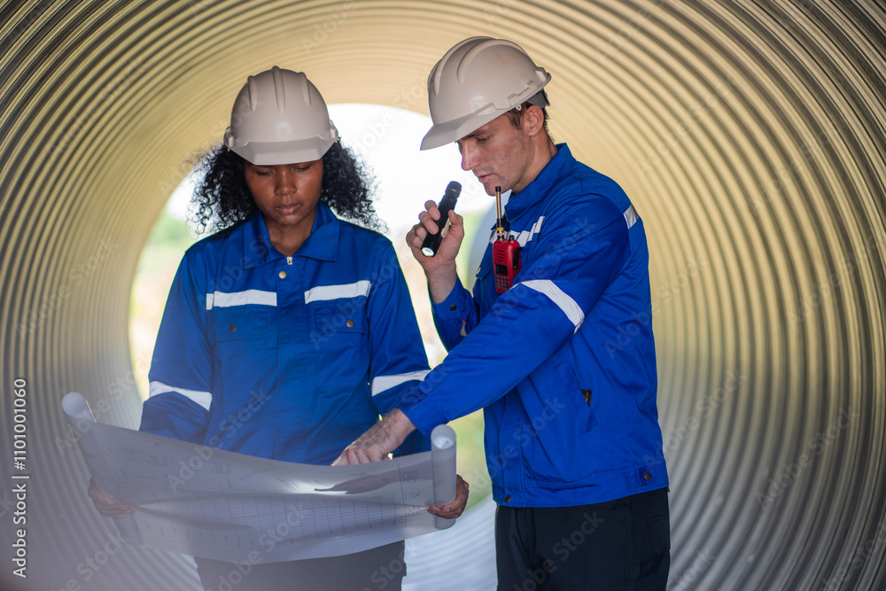 Mechanical engineer holding blueprint drawing to checking and ...