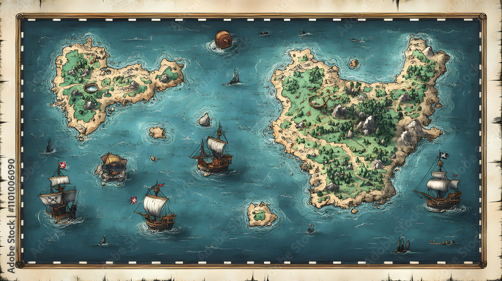 Hand-drawn map of islands with sailing ships. Stock Illustration ...