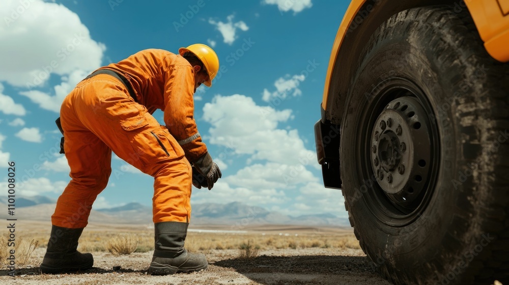Roadside Assistance Worker Fixing Flat Tire Using Portable Tools in ...