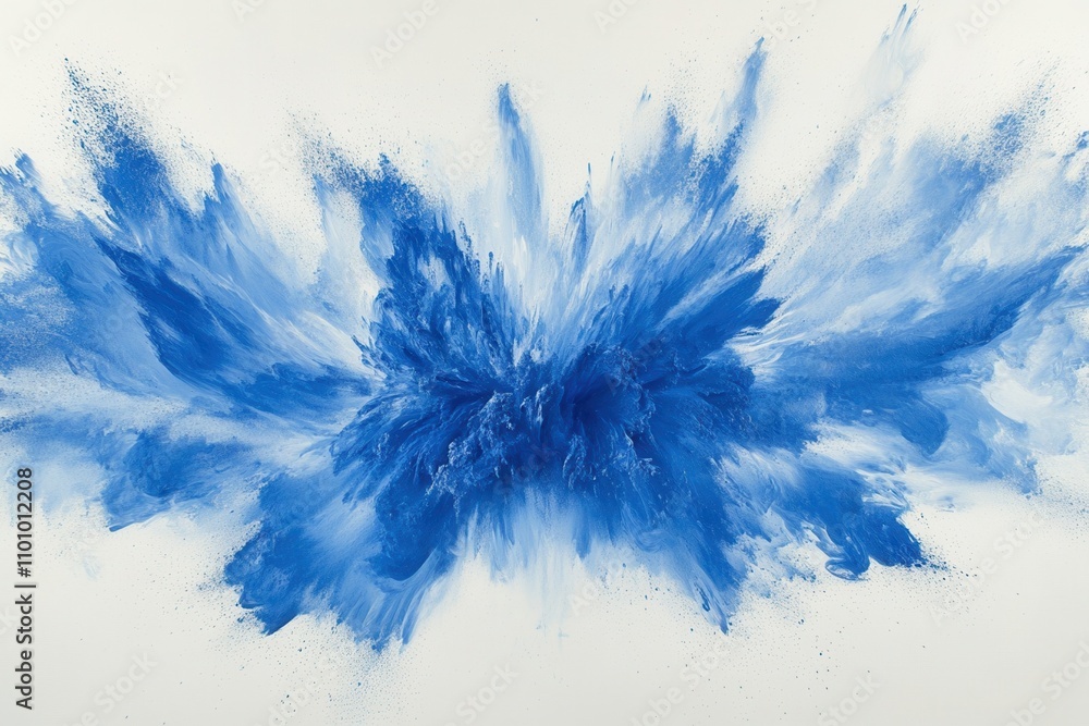 Dynamic abstract explosion of blue powder against a white background ...
