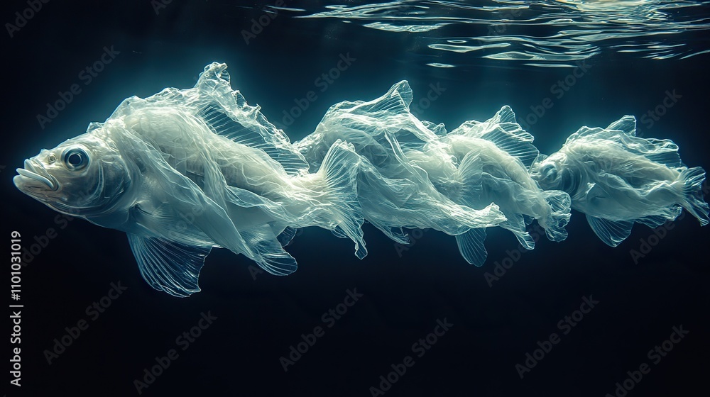 Single-use plastic is depicted alongside a school of fish, illustrating ...