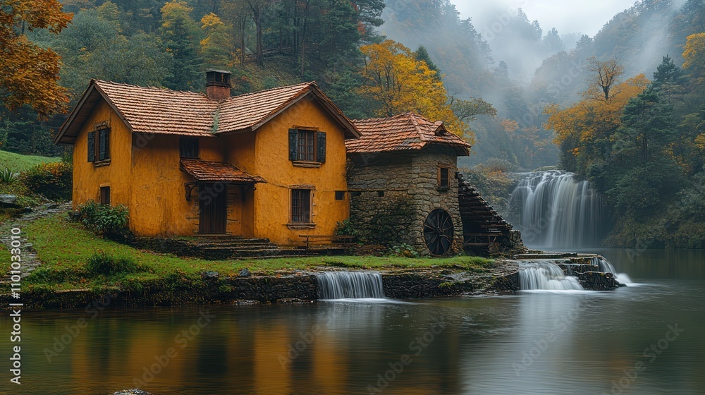 4K image of a small hydropower plant integrated into a rural village ...