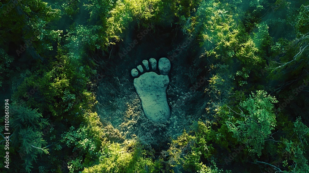 The forest canopy features a hole shaped like a barefoot footprint ...