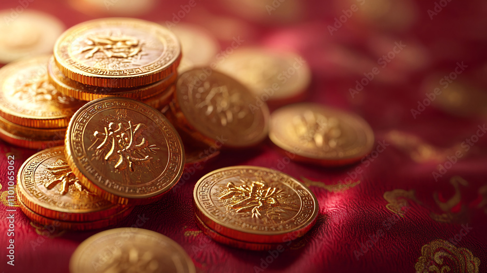 Gold Chinese coins on red fabric. Perfect for Chinese New Year, finance ...