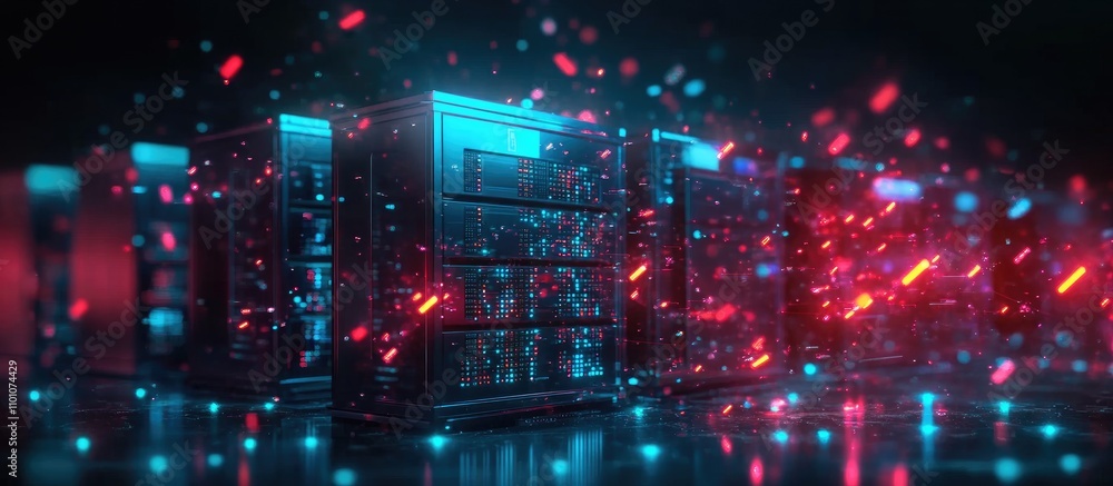 Futuristic data center with glowing servers representing document management and automation in a ...