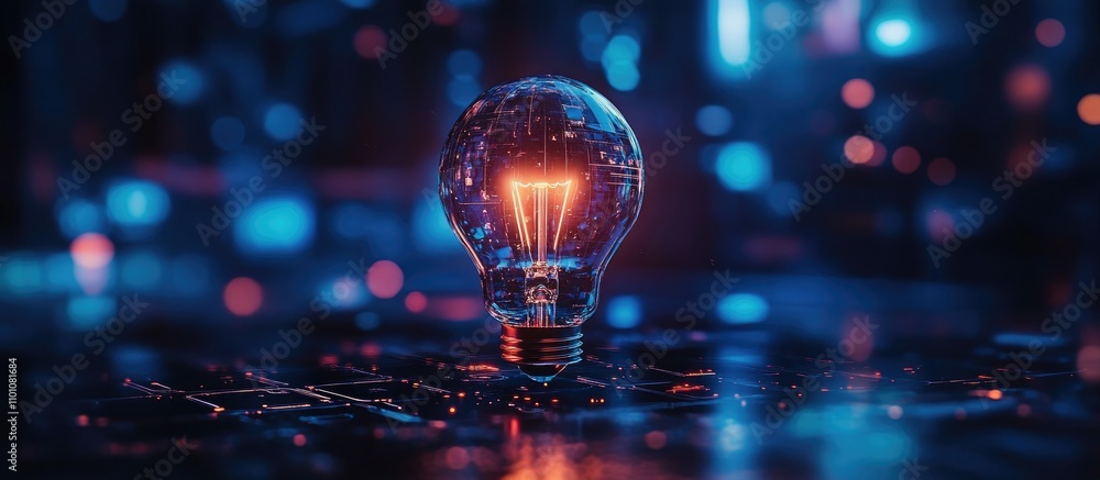 Illuminated light bulb with digital circuits representing online ...