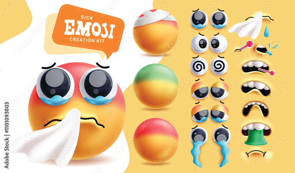 Emoji creation kit sick clipart 3d character set. Emoji editable face ...