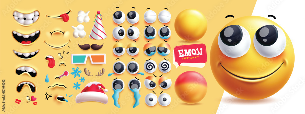 Emoji creation kit clipart 3d character set. Emoji editable face with ...
