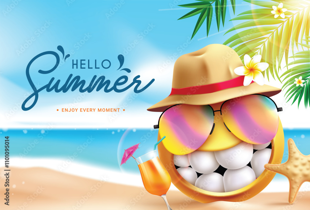 Hello summer greeting emoji clipart design. Summer text with emoji ...